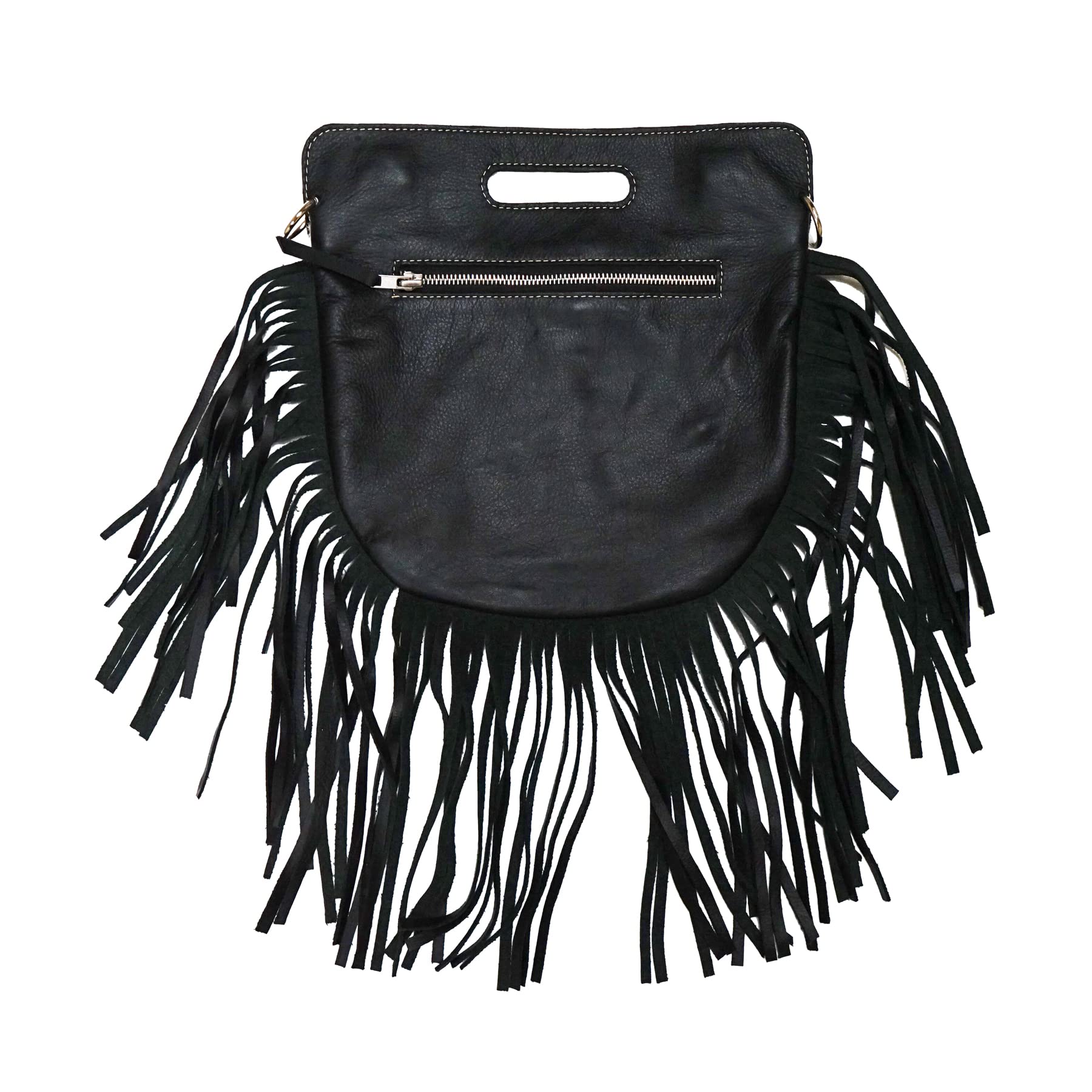 bonanza leathers women's cowhide handbag crossbody shoulder leather bag with fringes button closure H8 (Black)