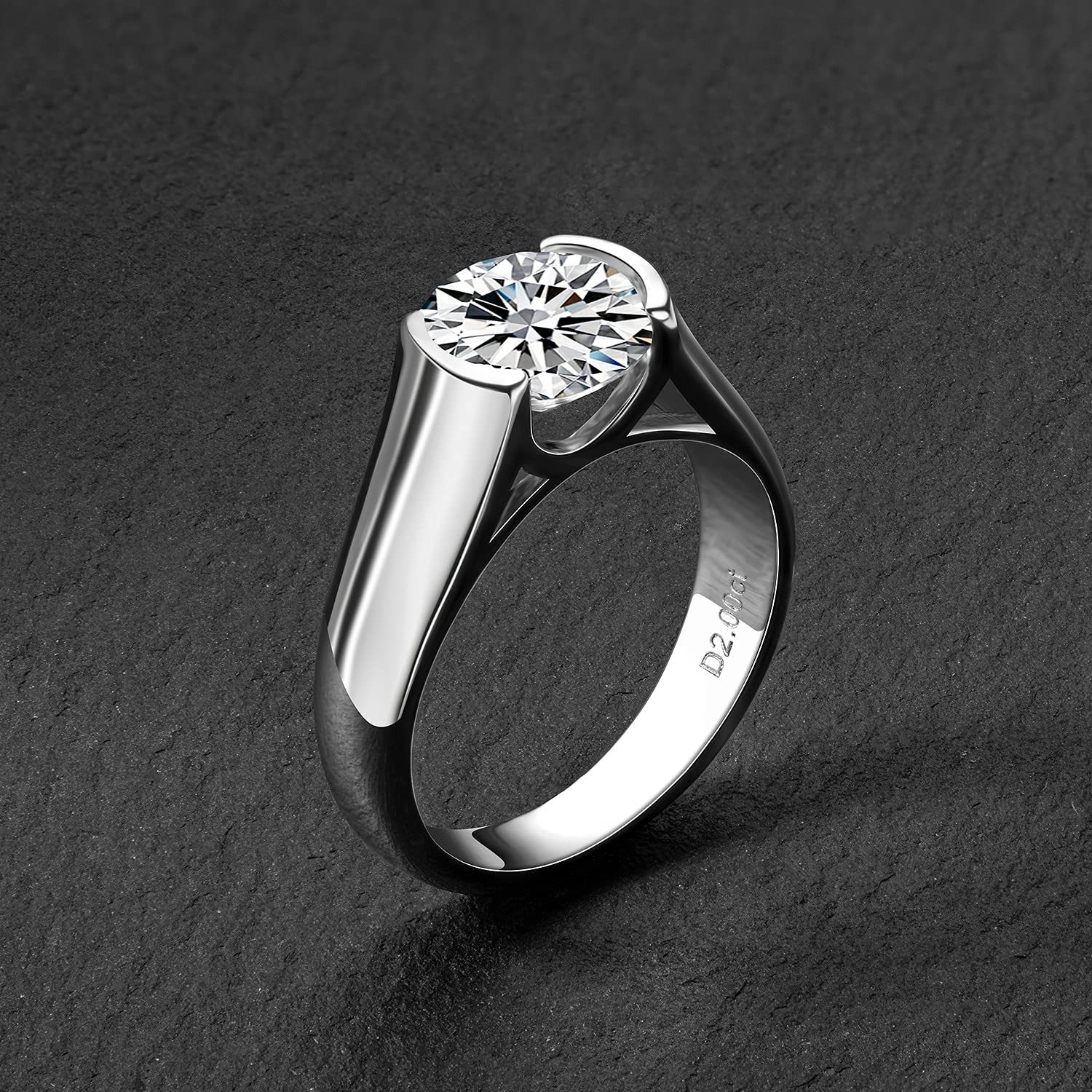 CannyCat 2 Carat Moissanite Half Bezel Set Ring for Women Platinum Plated Silver D color VVS 8mm Moissanite Diamond Solitaire Engagement Promise Band (7)