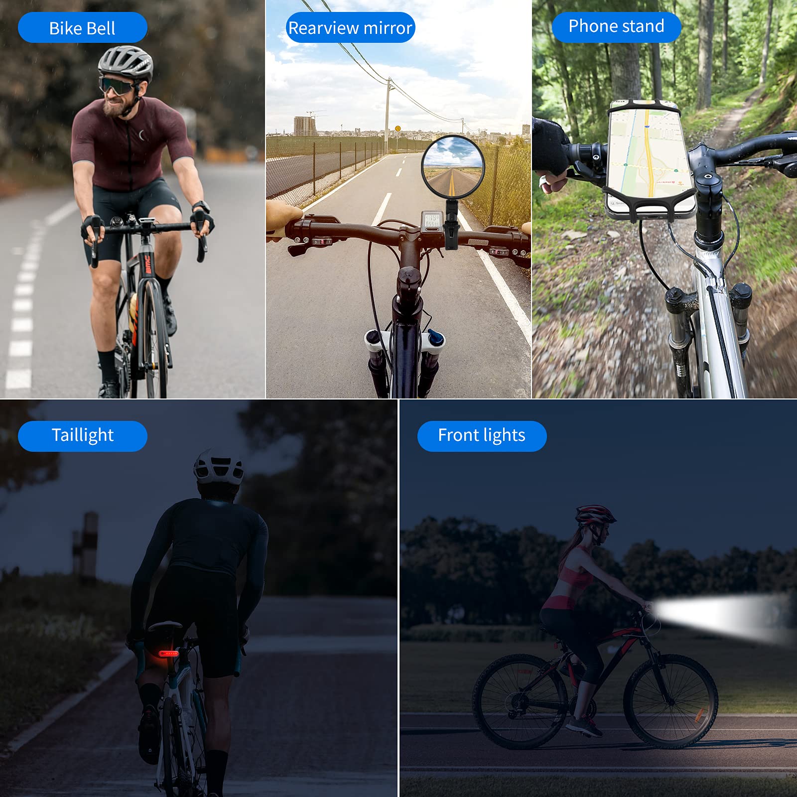 8-Piece Bicycle Accessories, USB Rechargeable Bicycle lamp, Solar headlamp, Bicycle Lock, Bicycle Mobile Phone Rack, Bicycle Water Cup Holder, Bicycle Mirror, Bicycle Bell and air Pump
