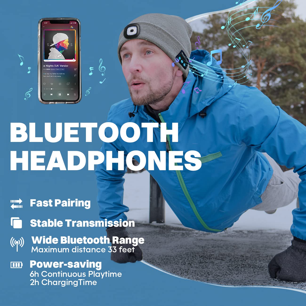 Bosttor Bluetooth Beanie Hat with Light, Headlamp Cap with Headphones and Built-in Speaker Mic, Gifts for Men Women Teen