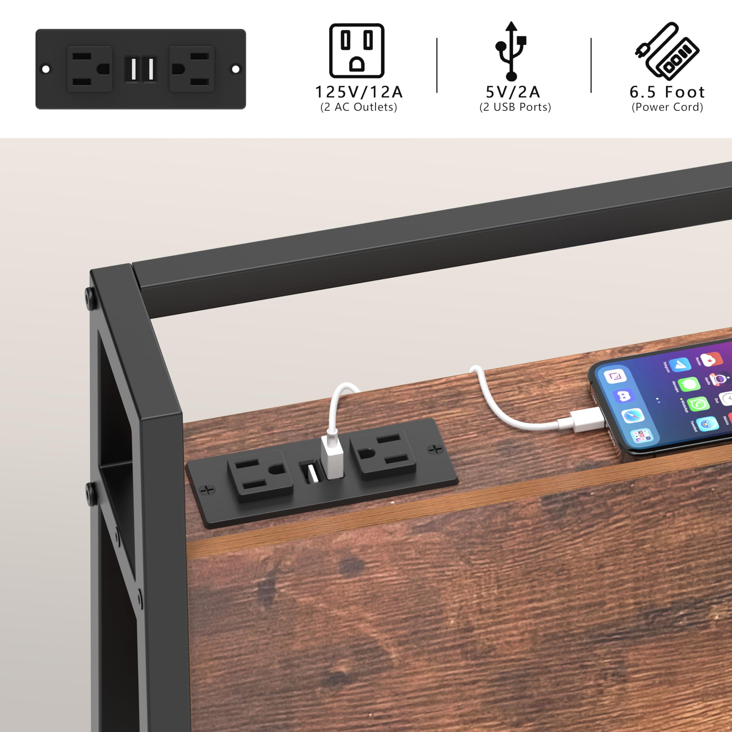 GiftGo King Size Headboard Ergonomic Headboard with 4 Outlets and 4 USB Ports LED Light Adjustable Height Storage Rack Sturdy and Stable Metal Frame & Wood Shelf Easy Assembly (Brown, King)