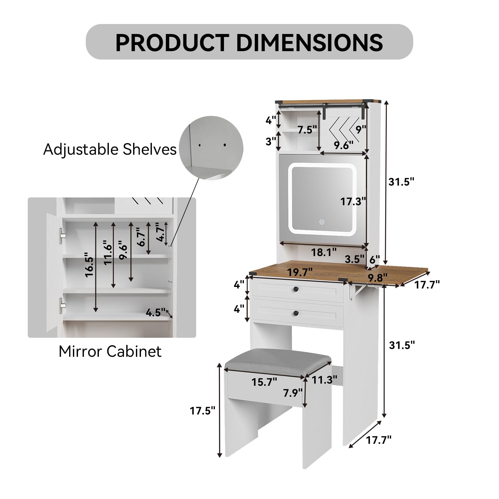 ARTETHYS Farmhouse Small Vanity Desk Set with Mirror Cabinet Compact Makeup Vanity Table with 3 Adjustable Lighted Mirror and Storage Chair for Small Space, White Dressing Table with Fold-up Panel