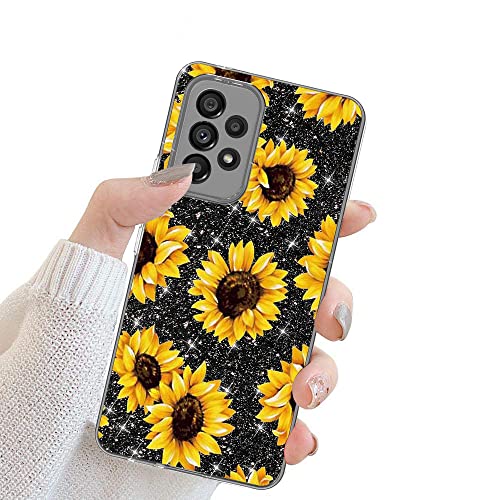 DDTKZC for Samsung Galaxy A53 5G Case,Samsung A53 5G Case Tempered Glass Protector Lustre Pattern-Sparkle 3 in 1 Clear Shockproof Case for Samsung A53 5G (Yellow Sunflower)