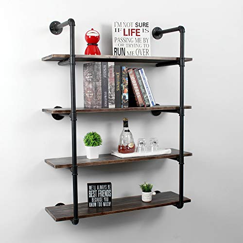 Weven 36" Industrial Pipe Bookshelf Wall Mounted,4 Tier Rustic Floating Shelves,Farmhouse Kitchen Bar Shelving,Home Decor Book Shelves,DIY Bookcase,Hanging Wall Shelves,Black