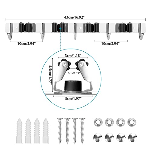 SHYOSUCCE Mop Broom Holder Wall Mount with 4 Racks and 5 Hooks, 304 Stainless Steel Broom Organizer for Garden Garage Kitchen Bathroom (Black)