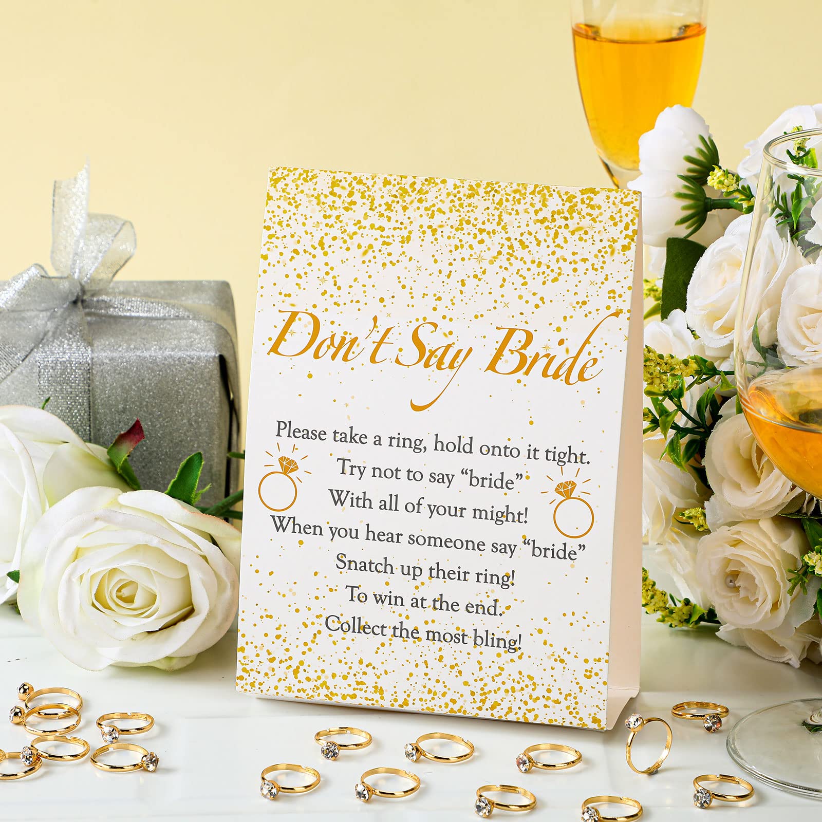Geosar Ring Game Put a Ring on It Bridal Shower Games with Rings Dont Say Bride Game Rules and 60 Plastic Rings Bridal Shower Favors for Guests Wedding Shower Games(Gold, Confetti)