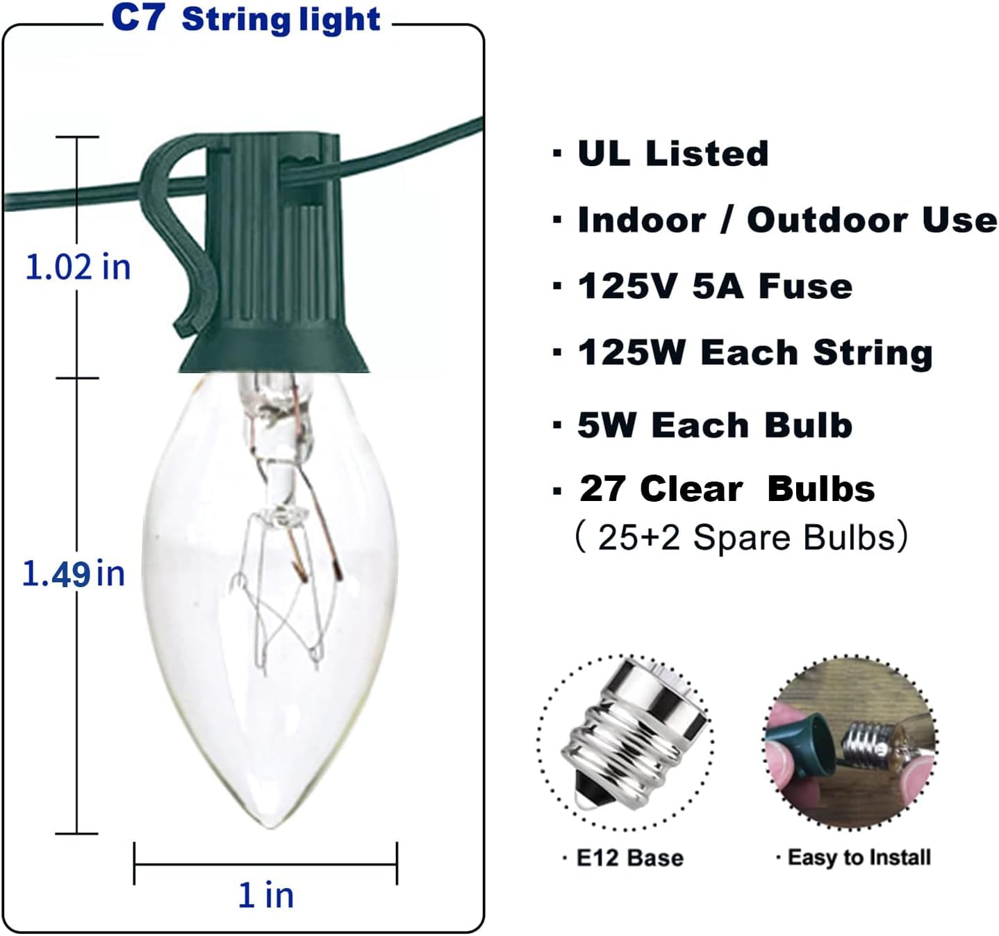 7 Watt Night Light Replacement Bulbs, Salt Lamp Light Bulb, Electric Window Candle Bulb, Night Lamps &Christmas Lights Incandescent E12 Socket C7, 25Packs.