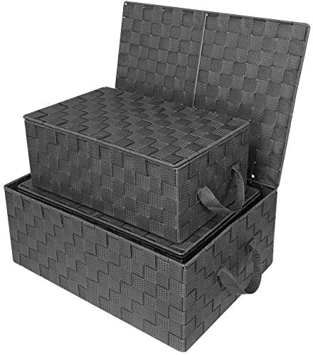 Sorbus Storage Box Woven Basket Bin Container Tote Cube Organizer Set Stackable Storage Basket Woven Strap Shelf Organizer Built-In Carry Handles (Woven Lid Baskets - Gray)