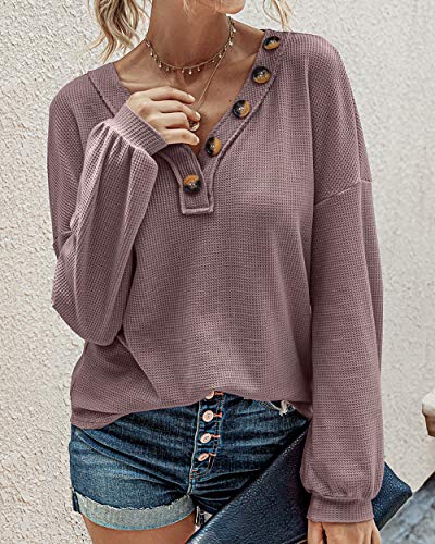 BTFBM Women Waffle Knit Shirts V-Neck Long Sleeve Casual Slouchy Loose Blouses Plain Faux Button Lightweight Pullover (Purple, Large)