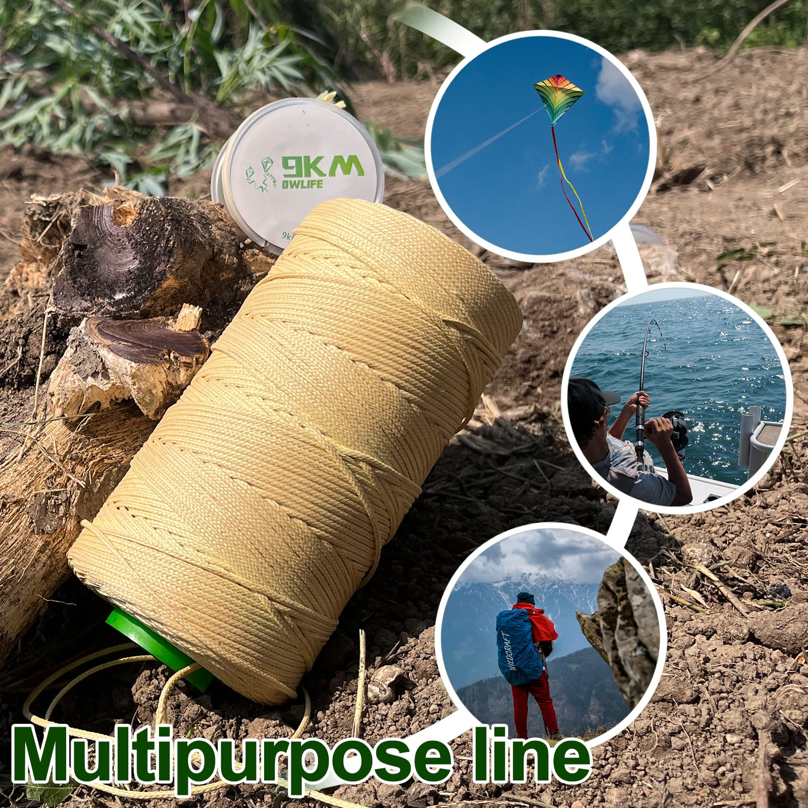 9KM DWLIFE Braided Kevlar Cord, 500lb 2mm 200Ft, High Tensile Strength, Abrasion, Flame Retardant, Kite String, Fishing Line, Model Rocket Shock, Hammock Tarp Ridgeline, Tactical Survival Paracord