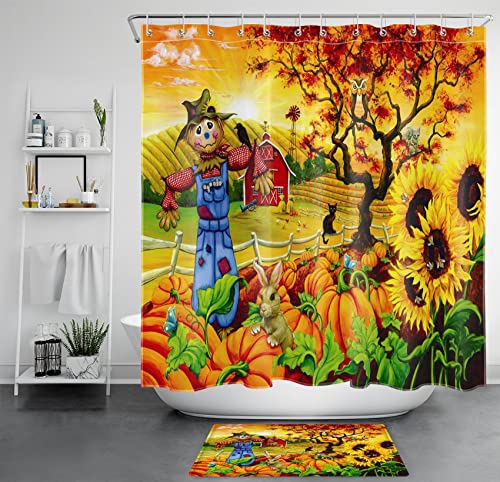 ECOTOB Fall Scarecrow Pumpkin Shower Curtain Set Scarecrow and Sunflowers Pumpkin with Butterflies Bath Mat and Shower Curtain Farmhouse Autumn Bathroom Decor Accessories, 72x72 Inches