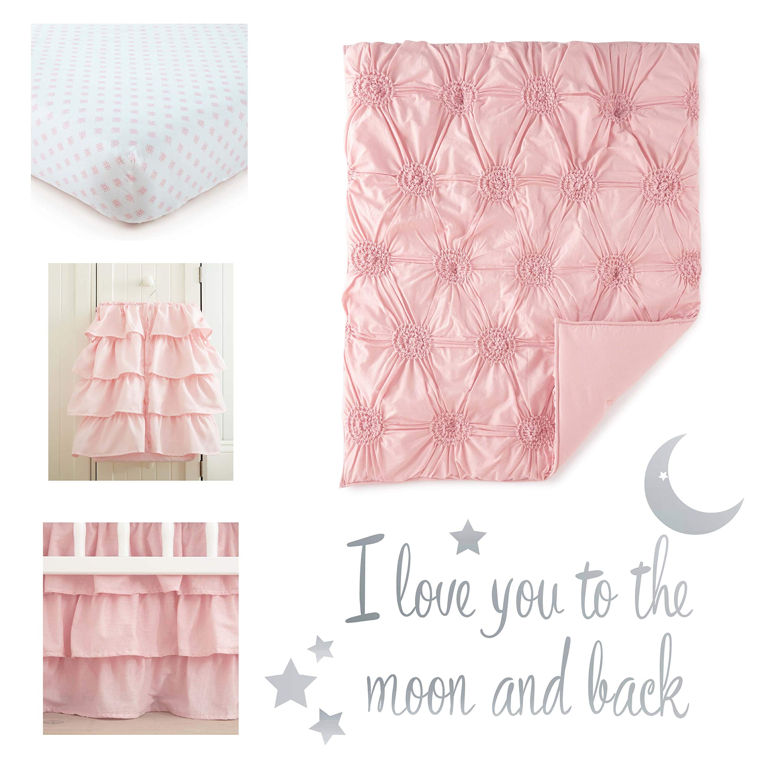 Levtex Baby - Willow Crib Bed Set - Baby Nursery Set - Pink - Soft Rosette Pintuck - 5 Piece Set Includes Quilt, Fitted Sheet, Diaper Stacker, Wall Decal & Crib Skirt/Dust Ruffle