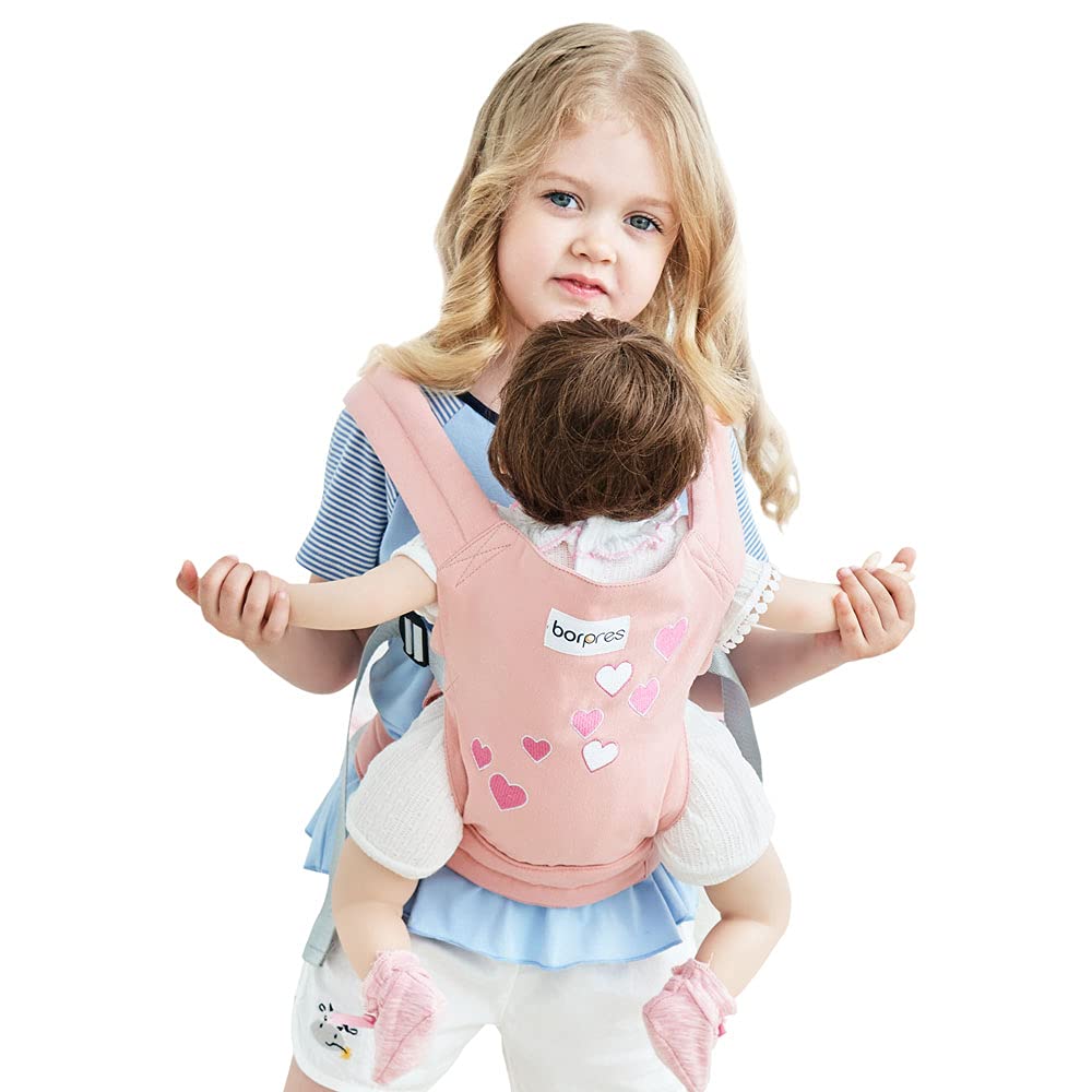 BORPRES Baby Doll Carrier for Kids Little Girls, with Feeding Toy Play Set for Baby Dolls, Comfortable and Safe Design,Premium Sturdy Cotton-Pink