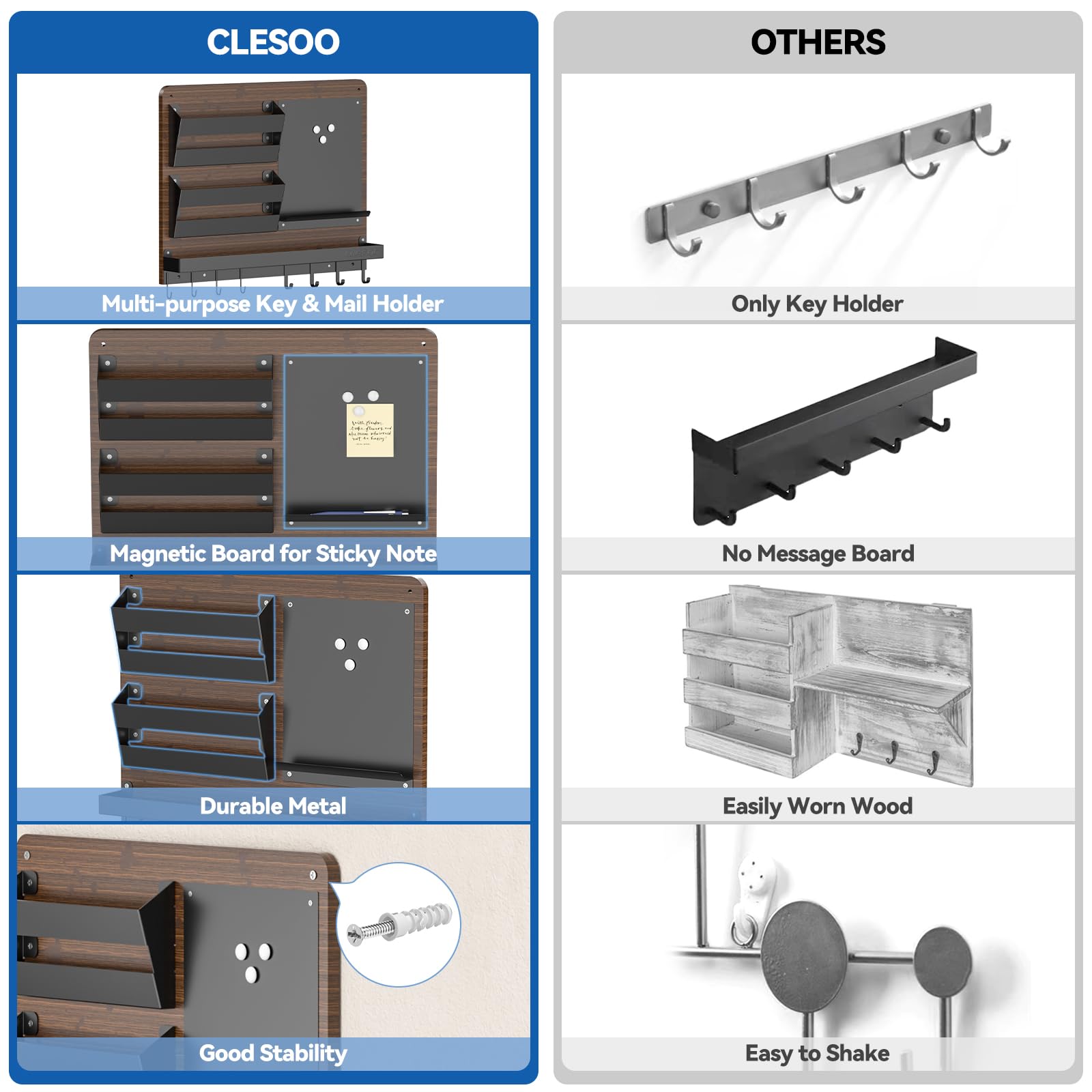 CLESOO Key and Mail Holder for Wall Mount - 8 Key Hooks Mail Organizer Wall Mount with 2 Mail Holders, Magnetic Board, Floating Shelf - Key Rack Hanger Home Decorative for Entryway Hallway Letter