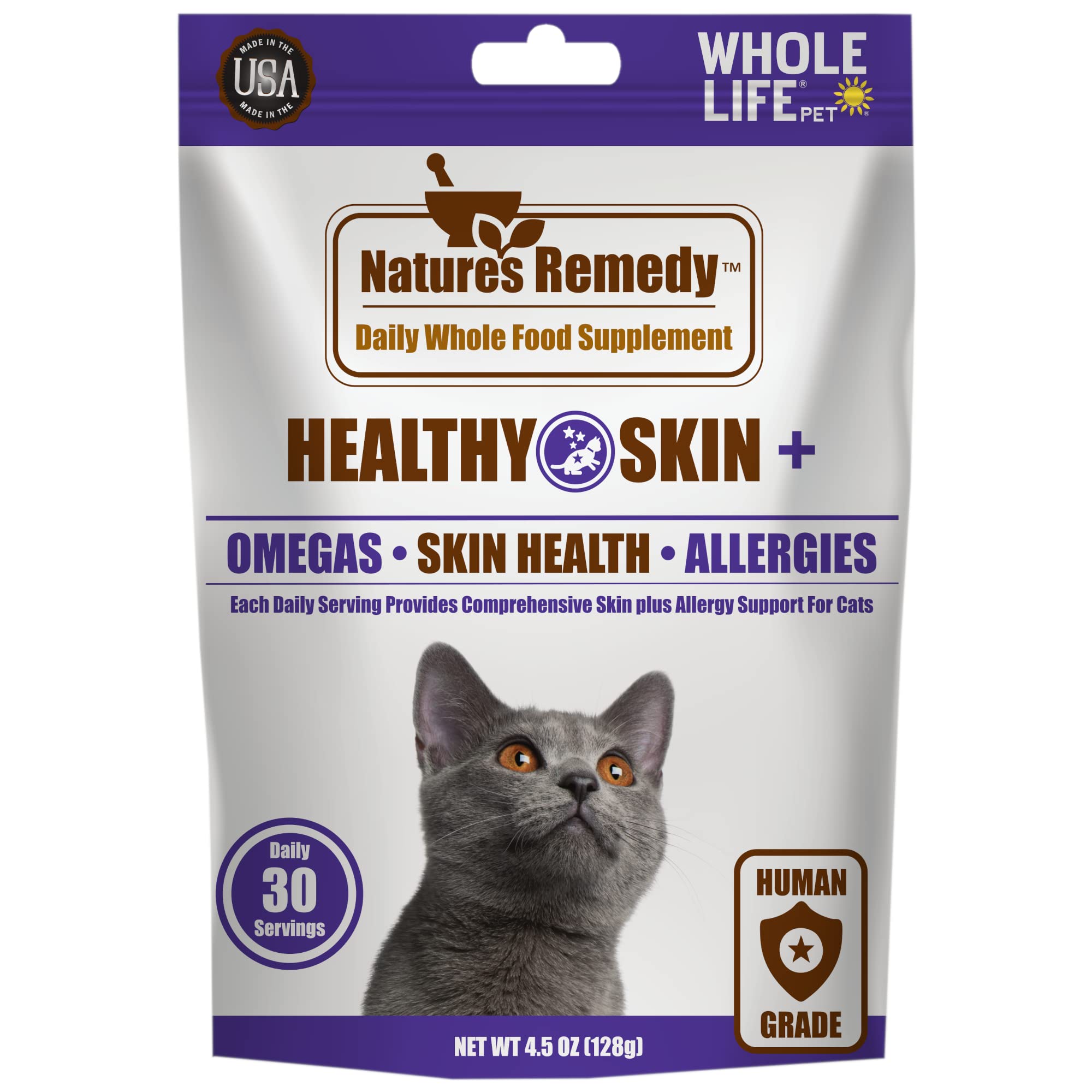 Whole Life Pet Healthy Skin and Coat Cat Supplements for Dry Skin, Allergy & Stomach Relief, Cat Immune & Digestive Support - Probiotics & Omega 3 for Cats, Cat Food Add Ins - 30-Day Supply