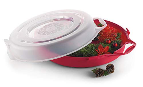 HOMZ Set of 3 Holiday Wreath Plastic Storage Containers, Holds Up to 24β Diameter, Secure Latching Lid and Easy Grip Handle, Stackable and Nestable, Red/Clear