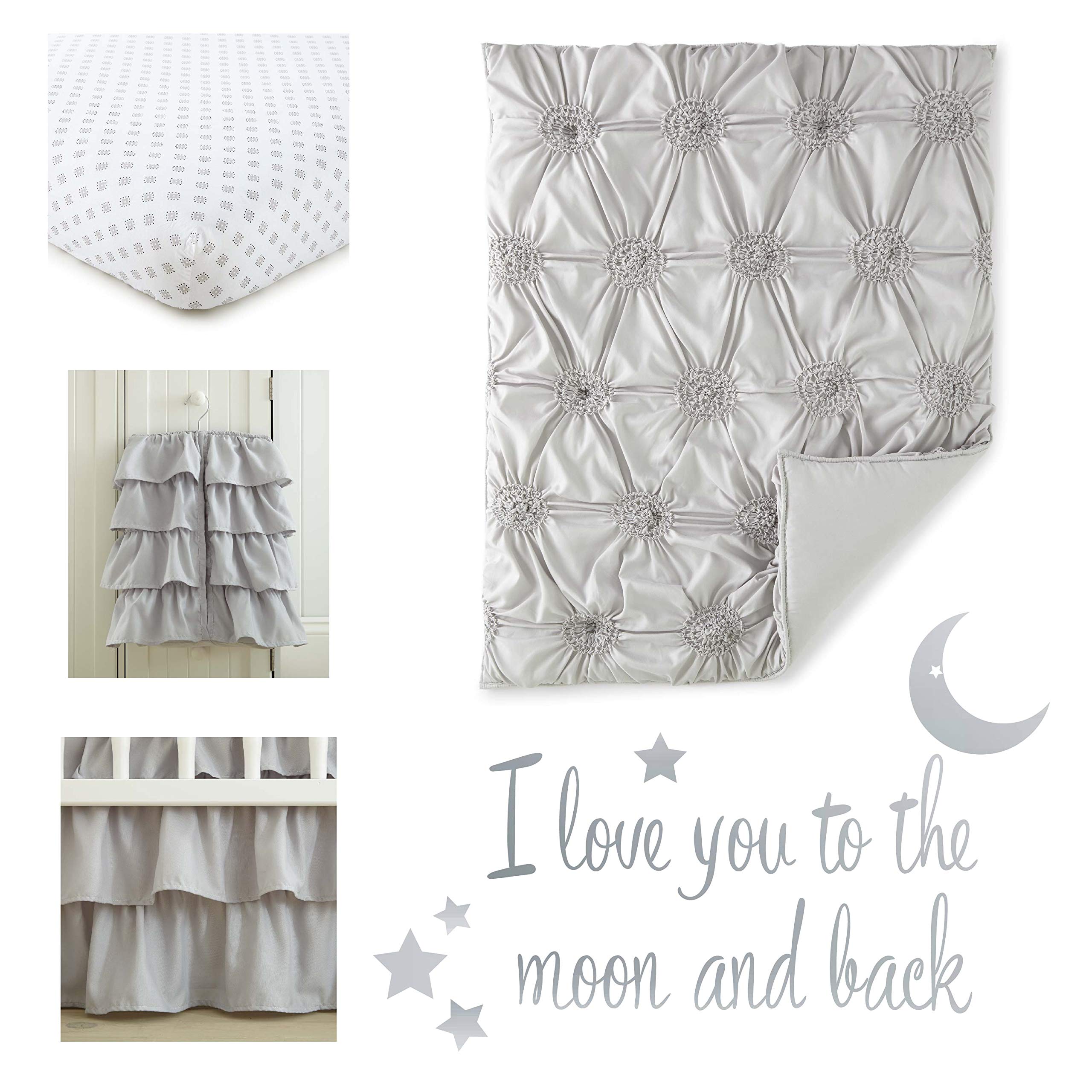 Levtex Baby - Willow Crib Bed Set - Baby Nursery Set - Grey - Soft Rosette Pintuck - 5 Piece Set includes Quilt, Fitted Sheet, Diaper Stacker, Wall Decal & Crib Skirt/Dust Ruffle