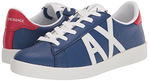 A|X Armani Exchange Men's Leather Logo Low Top Sneaker, Blue+Red, 8