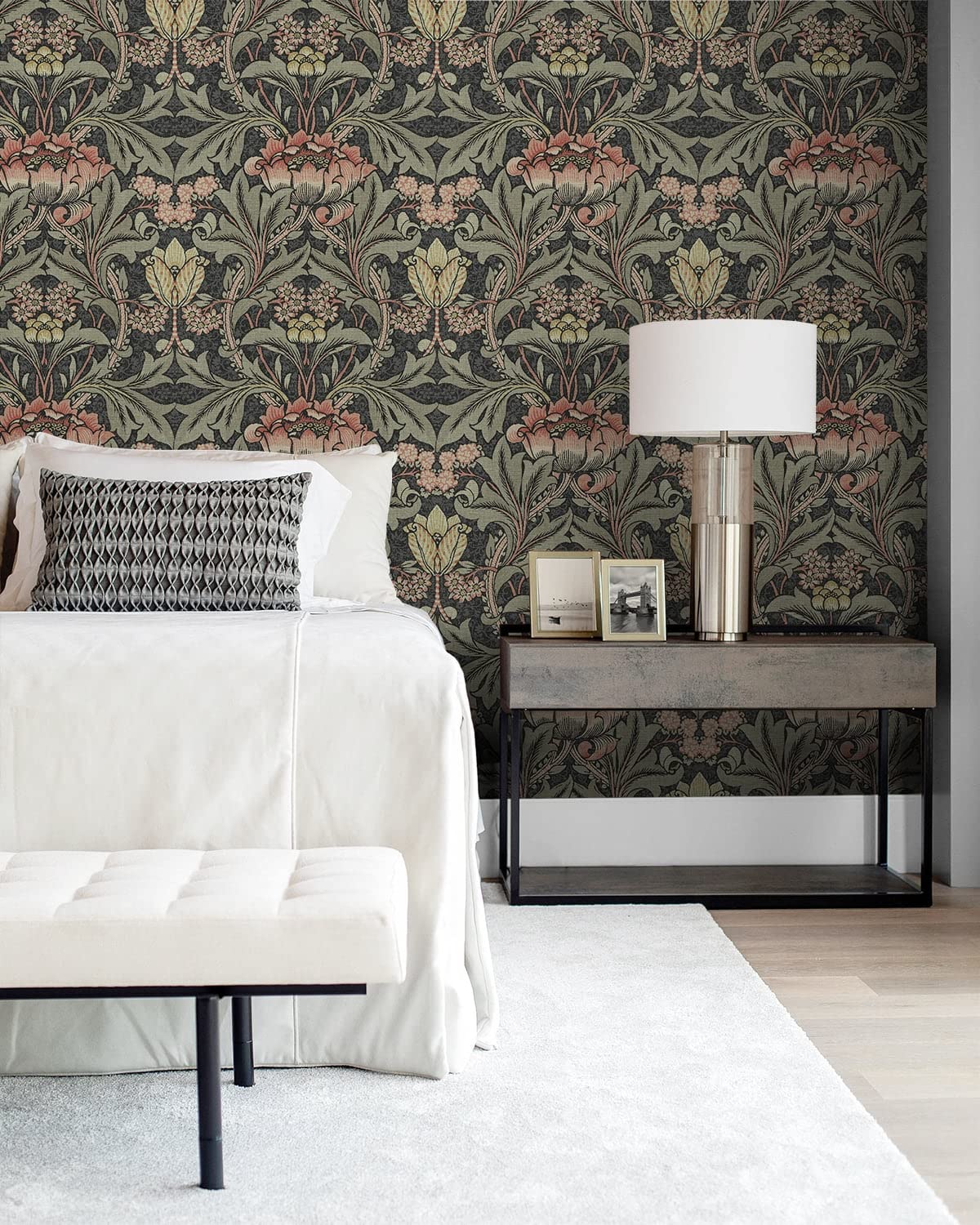 NextWall Acanthus Floral Peel and Stick Wallpaper (Charcoal & Rosewood)