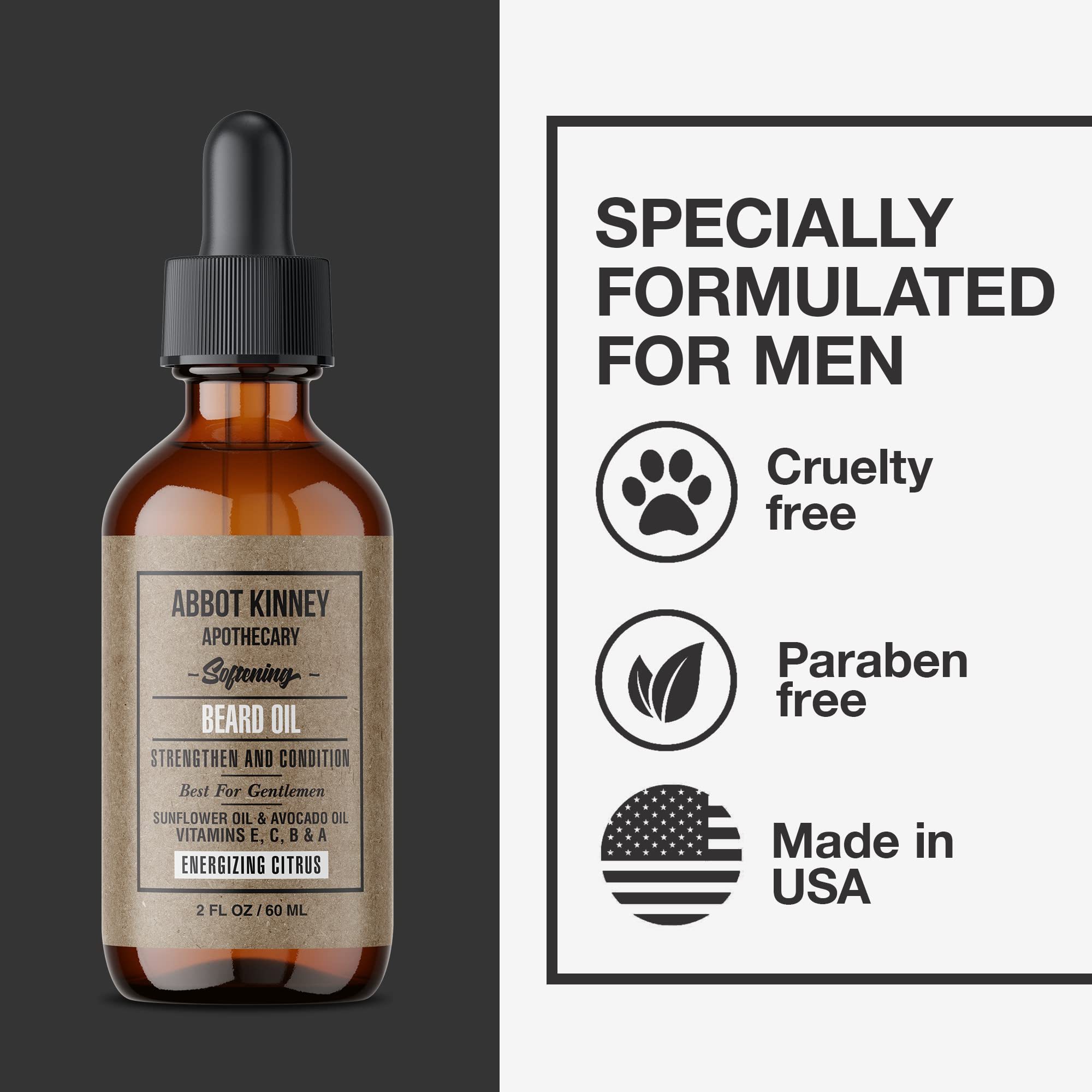 ABBOT KINNEY APOTHECARY Beard Oil for Men - Natural Ingredients, Energizing Citrus Scent, Promotes Healthy Growth, Ideal for Dry Flaky Skin - Beard Conditioner - 2 Fl Oz