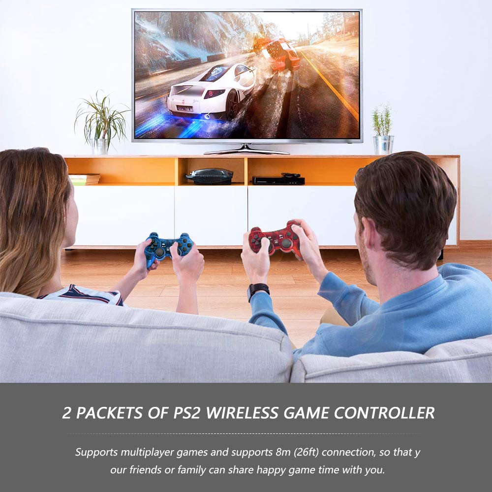 BicycleStore 2 Pack Controller for PS2 Playstation 2.4G Gamepad Joystick Remote with Shock Vibration (ClearBlue and ClearRed)