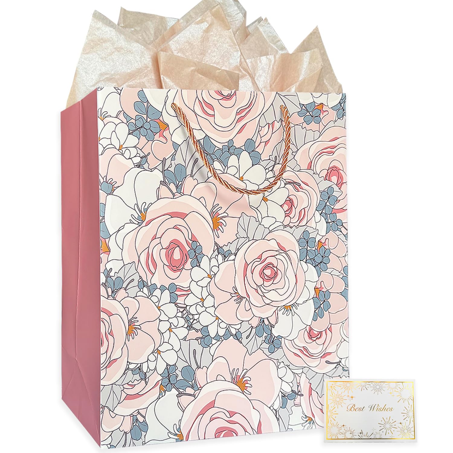 AMROSE Large 13'' Gift Bag withTissue Paper and Card, Recyclable Paper Gift Bag for Birthdays, Thanksgiving, Christmas, Mother's Day, Wedding, Engagement, Parties and More,Watercolor Floral