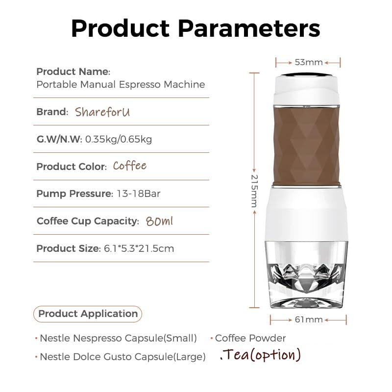 ShareforU Mini Espresso Coffee Maker, Fast Coffee Brewer, Portable Espresso Machine,3 in 1 manual piston expresso machine for ground coffee and NS Capsules and DG capsules,good grip