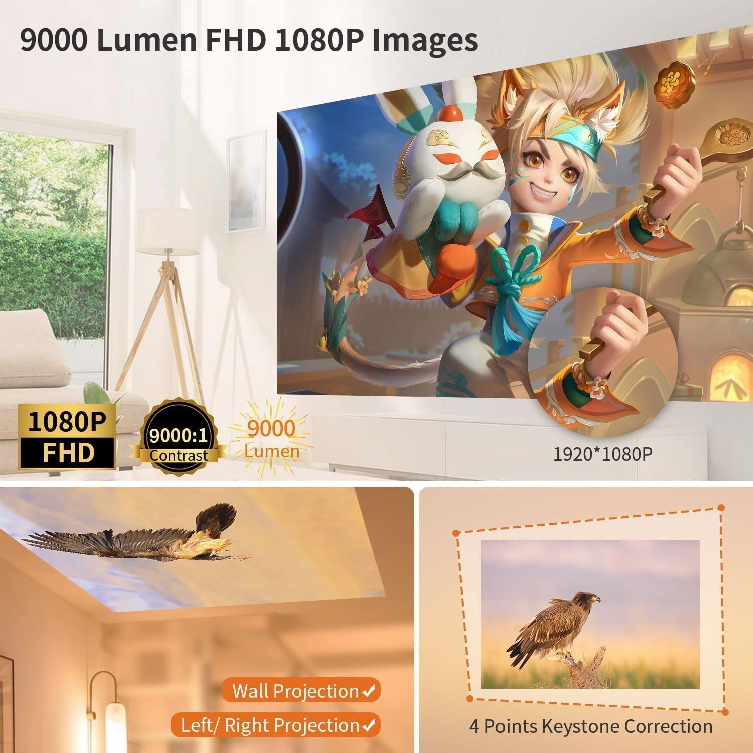 9000L Native 1080p Projector with WiFi Bluetooth, 200'' Display Home Theater Movie Projector Outdoor Indoor Party, Wireless Sync Screen for iOS/Android Phone/Tablets, With 4D Keystone and Zoom
