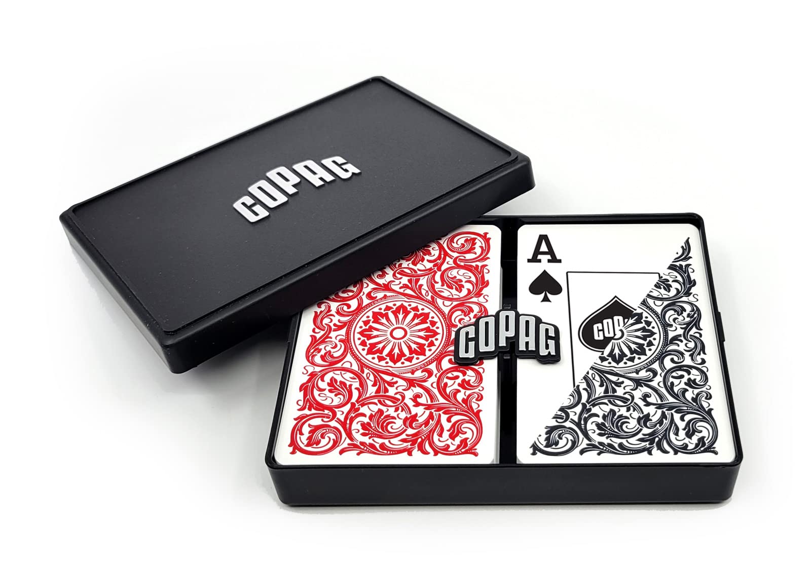 Copag 1546 Design 100% Plastic Playing Cards, Bridge Size (Narrow) Red/Black Double Deck Set (Jumbo Index)