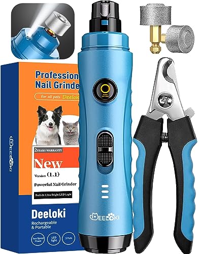 DEELOKI Dog Nail Grinder with LED Light Upgraded 2 Speeds Painless Pet Dog Nail Trimmers and Clipper Super Quiet Best Cat Dog Nail Clipper Kit for Large Small Dogs Pets Cats Breed Paws Quick Grooming