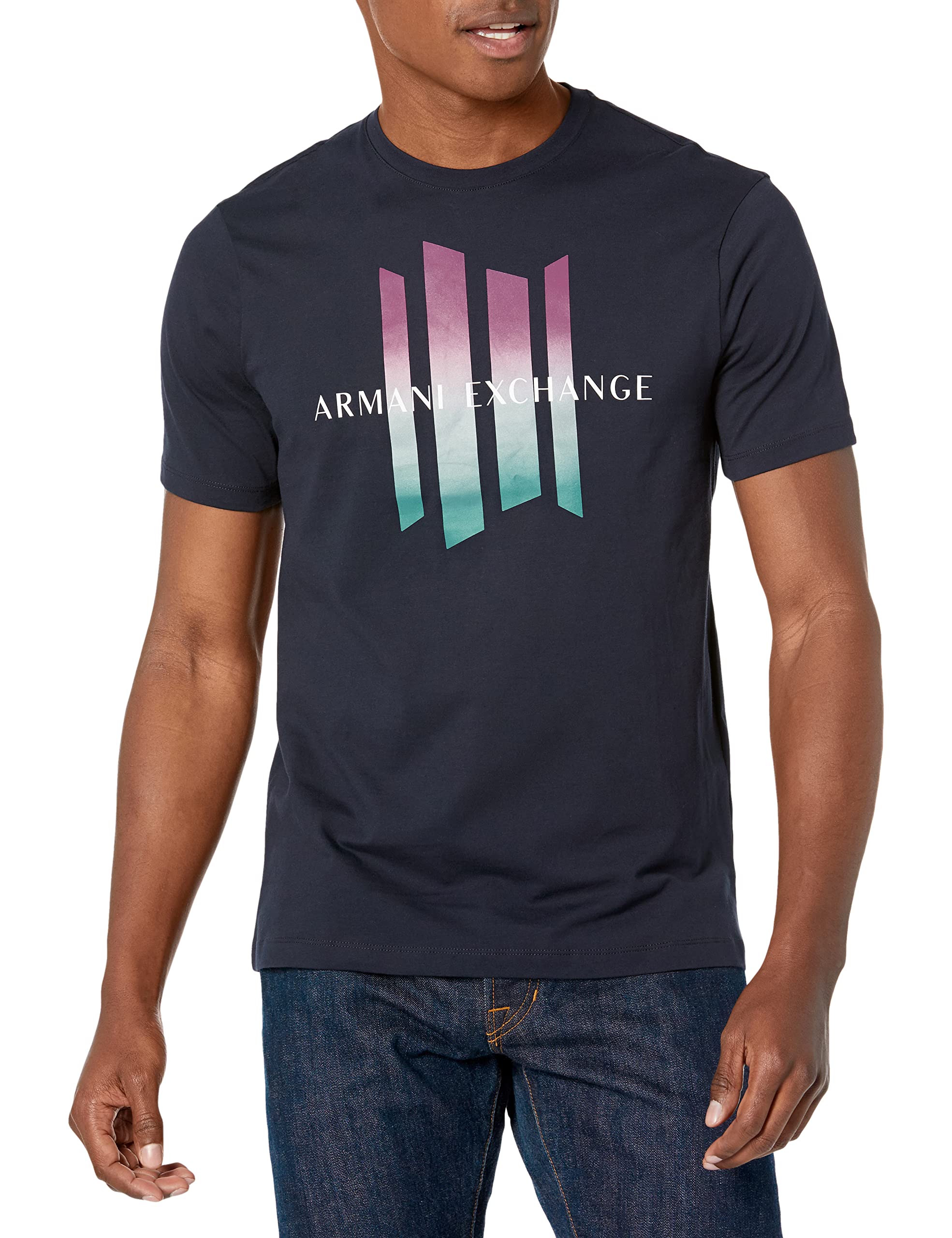 A | X ARMANI EXCHANGE Men's Lines Logo Tee, Navy, Large