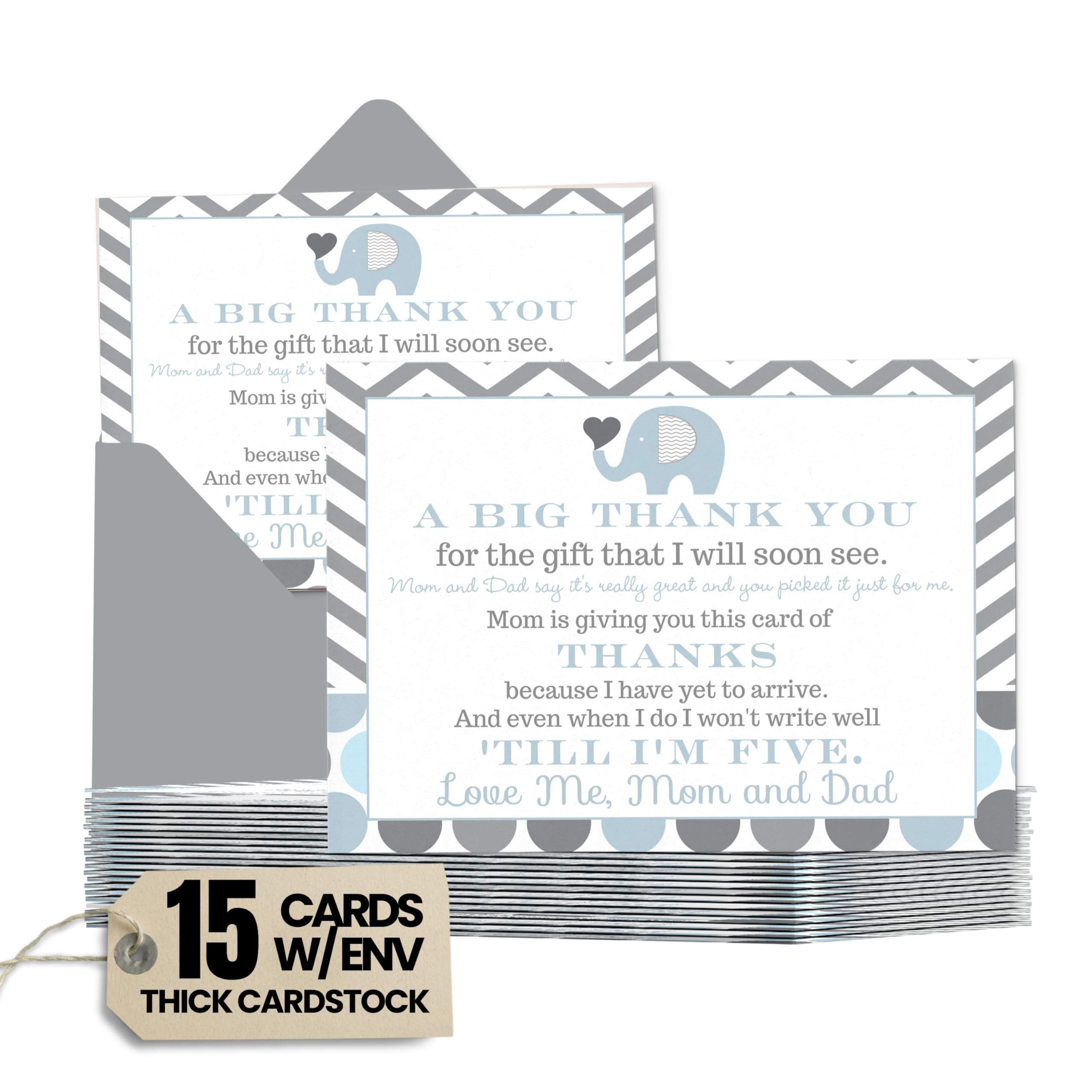 Paper Clever Party Blue Elephant Baby Shower Thank You Cards with Envelopes Blank Notes Prefilled Message Boys Personalize for Registry Gifts Cute Jungle Animal Set 4x6, 15 Pack Printed