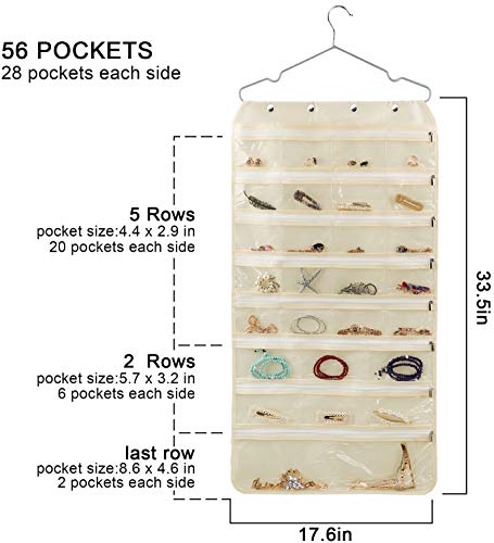SPIKG 56 Pockets Dual Sided Jewelry Hanging Organizer Oxford Storage Bag with Zipper Hanger (Beige)