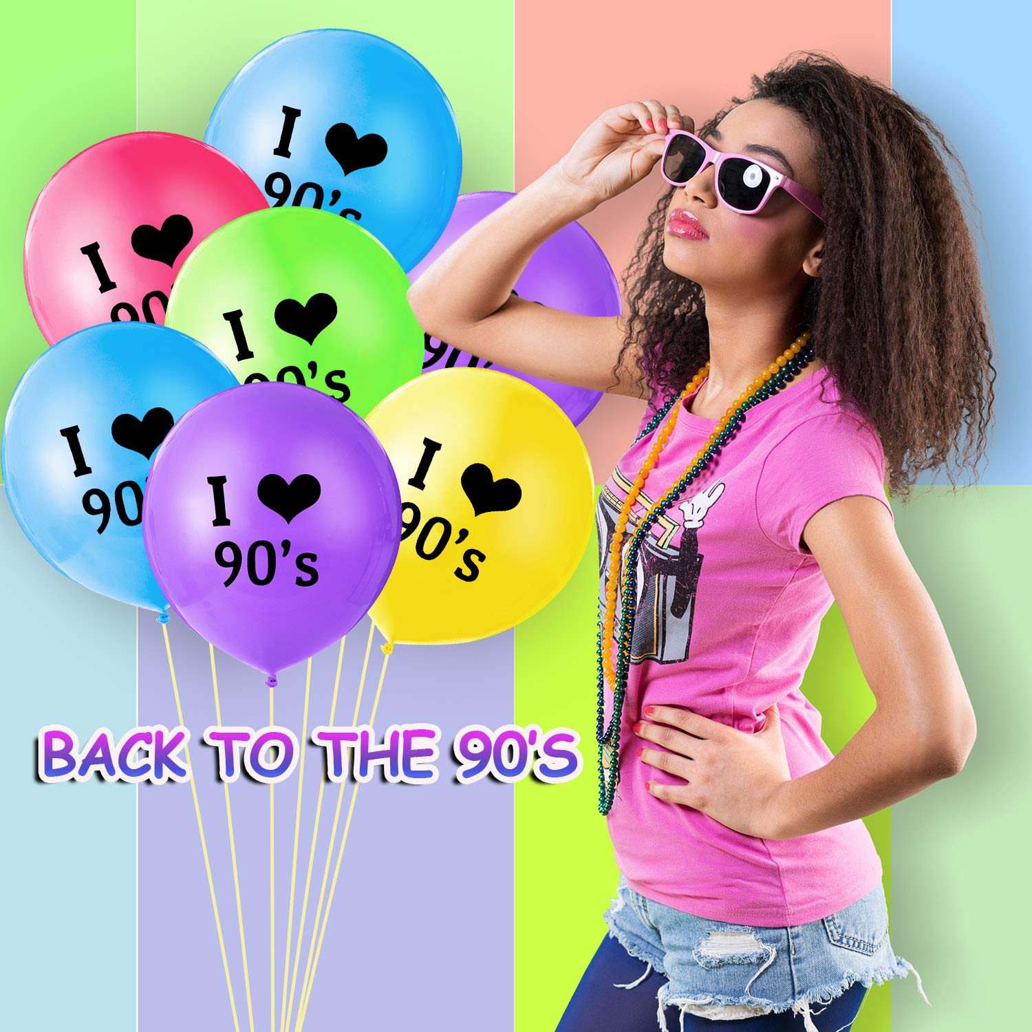 90s Themed Party Set, Include 60 Pieces I Love 90s Latex Balloons and 2 Rolls Balloon Ribbons for 90s Themed Birthday Party Throwback Party Decorations