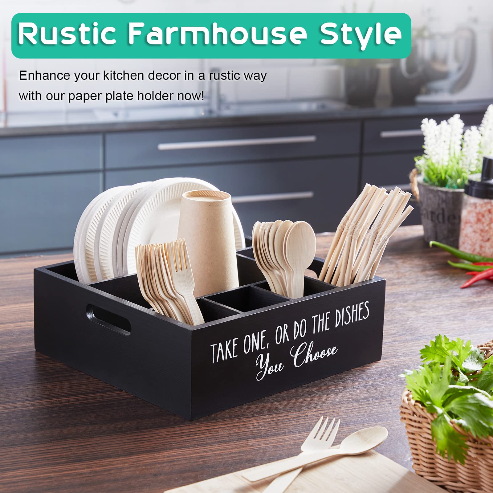 ALELION Paper Plate Holder for Counter, Cutlery Holder with Handles, Rustic Wood Organizer Caddy for Cups, Forks, Spoons, Napkins - Party BBQ Camping RV Buffet Caddy, Black Farmhouse Kitchen Decor