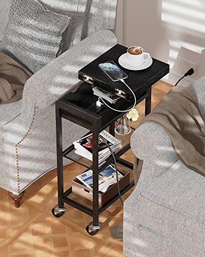 Egepon End Table with Charging Station, Side Table Narrow Flip Top with USB Ports & Power Outlets for Small Spaces, Sofa Table Nightstand with Storage Shelves Rolling Wheels for Living Room Bedroom