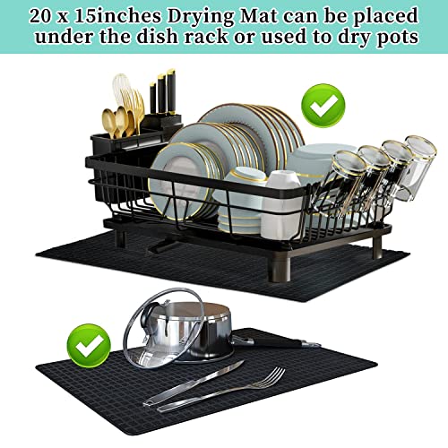 BUDO Dish Drying Rack, Stainless Steel Plate Rack with Drainboard, Removable Utensils and Cup Storage Holder, 360° Swivel Spout for Kitchen Counter (Black)