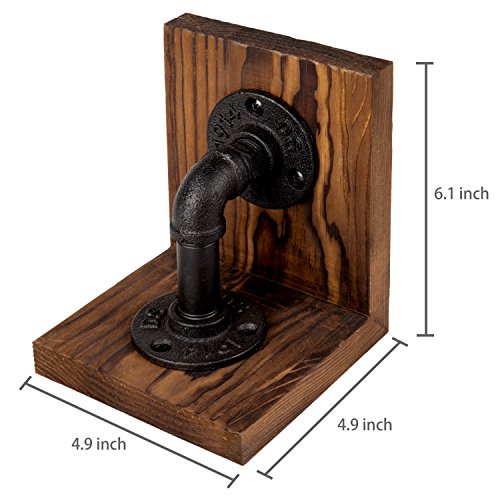 MyGift Rustic Brown Wood Decorative Office Bookends with Realistic Industrial Pipe Design, Shelf Decor Desk Book Holder L-Shaped Stand, 1-Pair