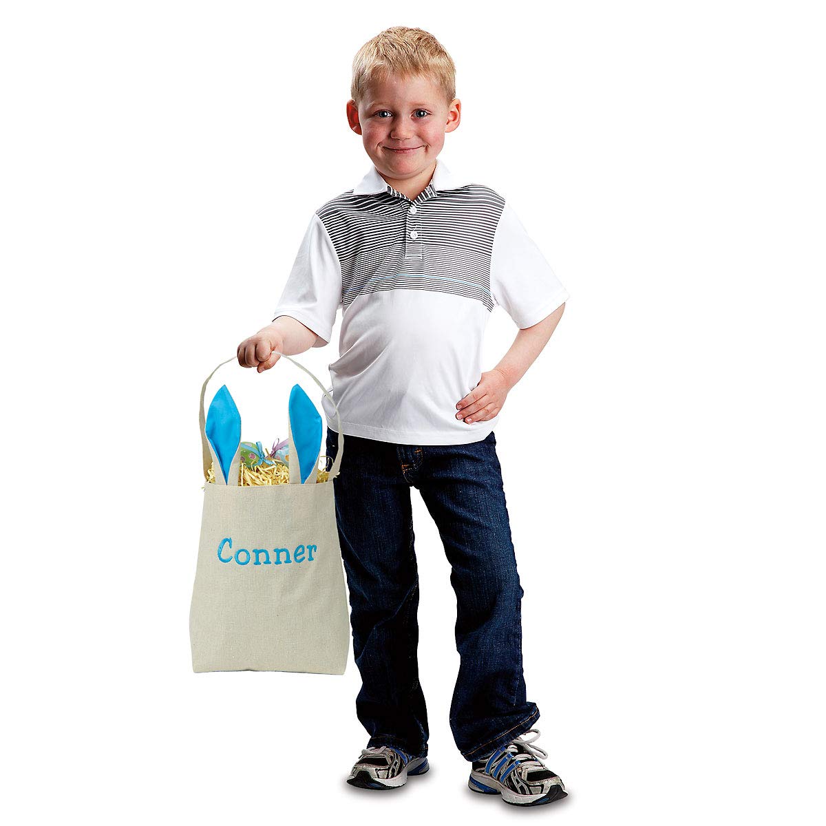 Lillian Vernon Personalized Blue Easter Basket Totes with Bunny Ears - Canvas 4" x 9" x 12", Embroidered with Child's Name, Boy's Blue Easter Basket