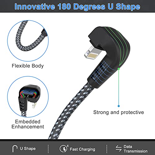 90 degree iphone charger 10 ft [Apple MFi Certified] U-Shaped Design for Gaming, Right Angle Lightning Cable 2.4A Fast Charge Long iPhone Charger Cord 10 ft with Data Transmission for iPhone/Pad/Pod