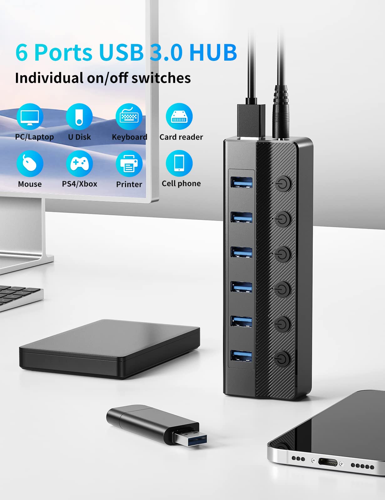 6-Port USB 3.0 Hub, LURMMUE USB Splitter for Laptop with Individual On/Off Switches and Light, 3ft Long Cord, USB Port Hub Extension for PC and Computer