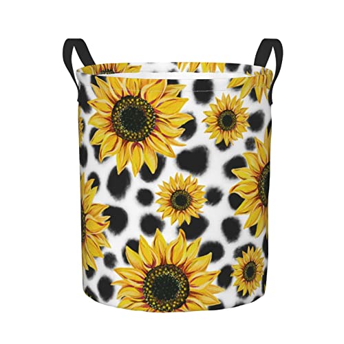 KiuLoam Sunflowers On Cow Print 19.6 Inches Large Storage Basket Collapsible Organizer Bin Laundry Hamper for Nursery Clothes Toys
