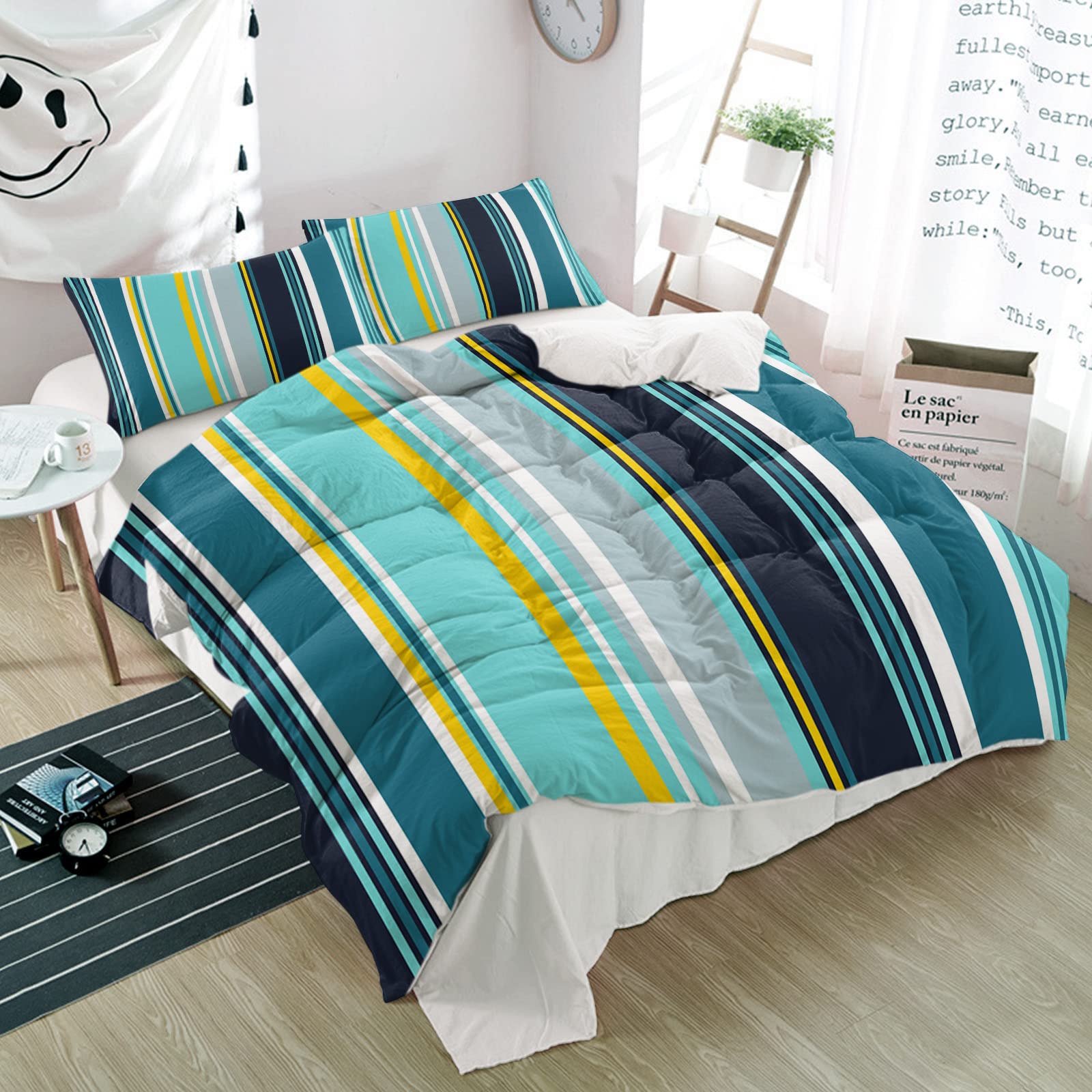 Duvet Cover Set 3 Pieces Queen Bedding Sets Teal Navy Gradient Stripe Abstract Geometric Luxury Comforter Cover with Pillowcases Microfiber Bedroom Quilt Covers-Zipper Closure Vertical Ombre Lines