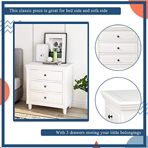 Knocbel 3-Drawer Night Stand, Solid Wood Bedside Nightstand Sofa Side End Table, Fully Assembled, 28.1" H x 27.9" W x 16.9" D (White)