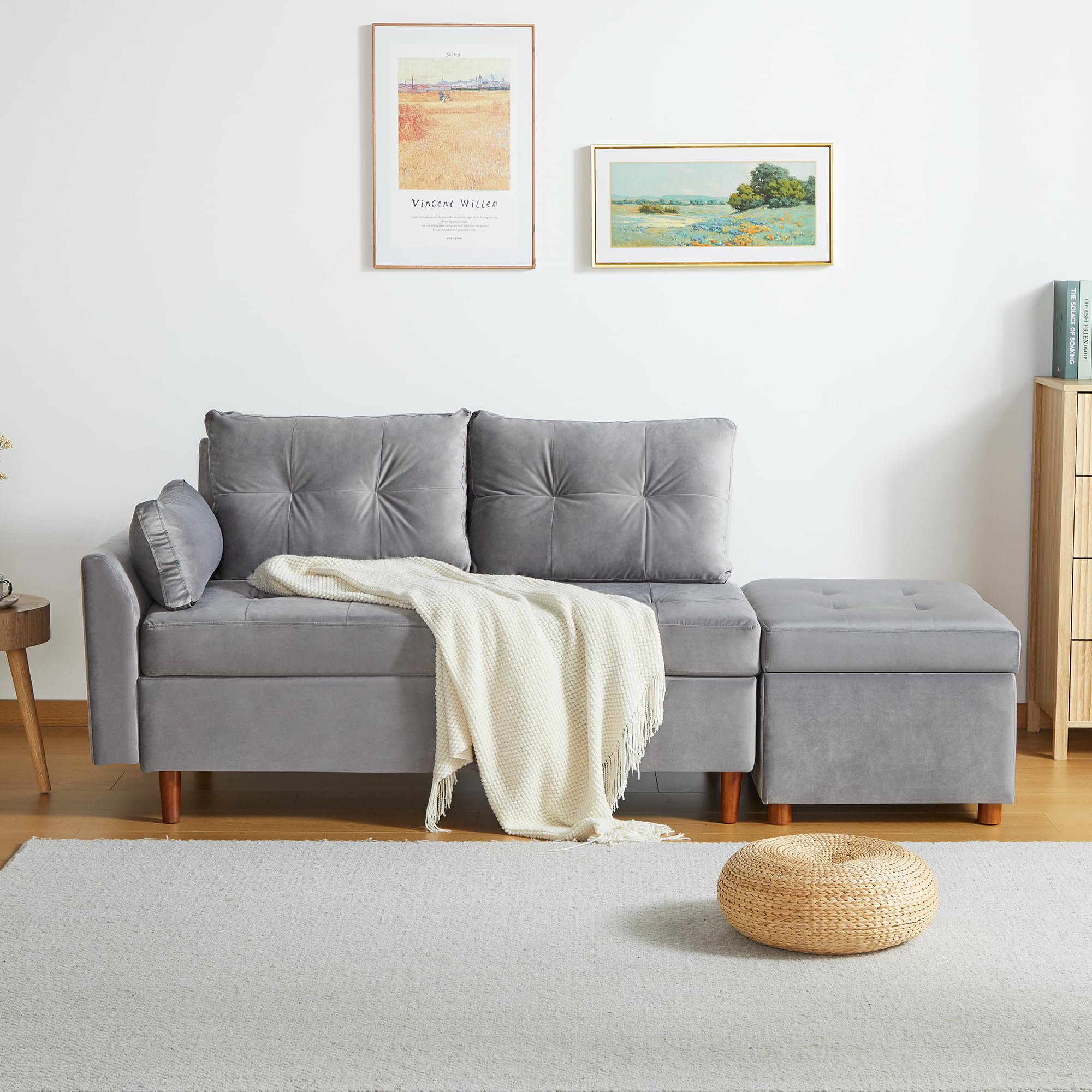 LEVNARY Sectional Sofa Chaise, L-Shaped Loveseat Couch with Storage Ottoman, Velvet Comfy Upholstered Sleeper Sofa Chaise Lounge for Living Room, Office, Apartment, Home (Gray)
