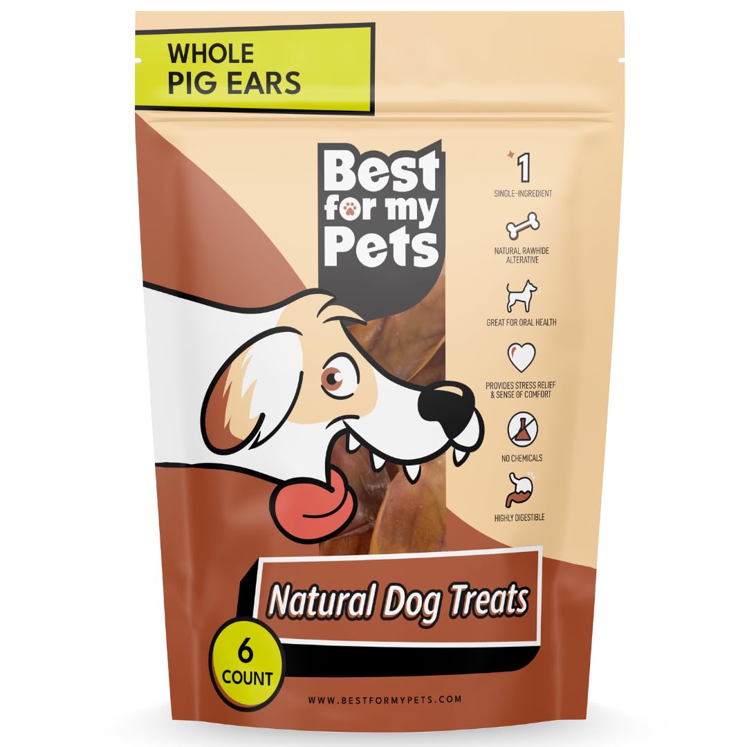 Best For My Pets Pig Ears for Dogs (Whole, 6 Pack), Healthy, Highly Digestible All Natural Pigs Ears Long-Lasting Dog Chews, Pork Dog Chew Treat