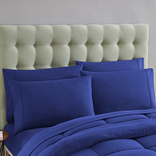 Sweet Home Collection 7 Piece Comforter Set Bag Solid Color All Season Soft Down Alternative Blanket & Luxurious Microfiber Bed Sheets, Royal Blue, Twin XL