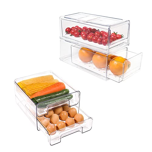 elabo 32 Grid Large Capacity Egg Holder for Refrigerator, Stackable Refrigerator Organizer Drawers with Removable Drain Tray, Fridge Organizer Bins, Pull Out Food Storage Container Bins with Drawer