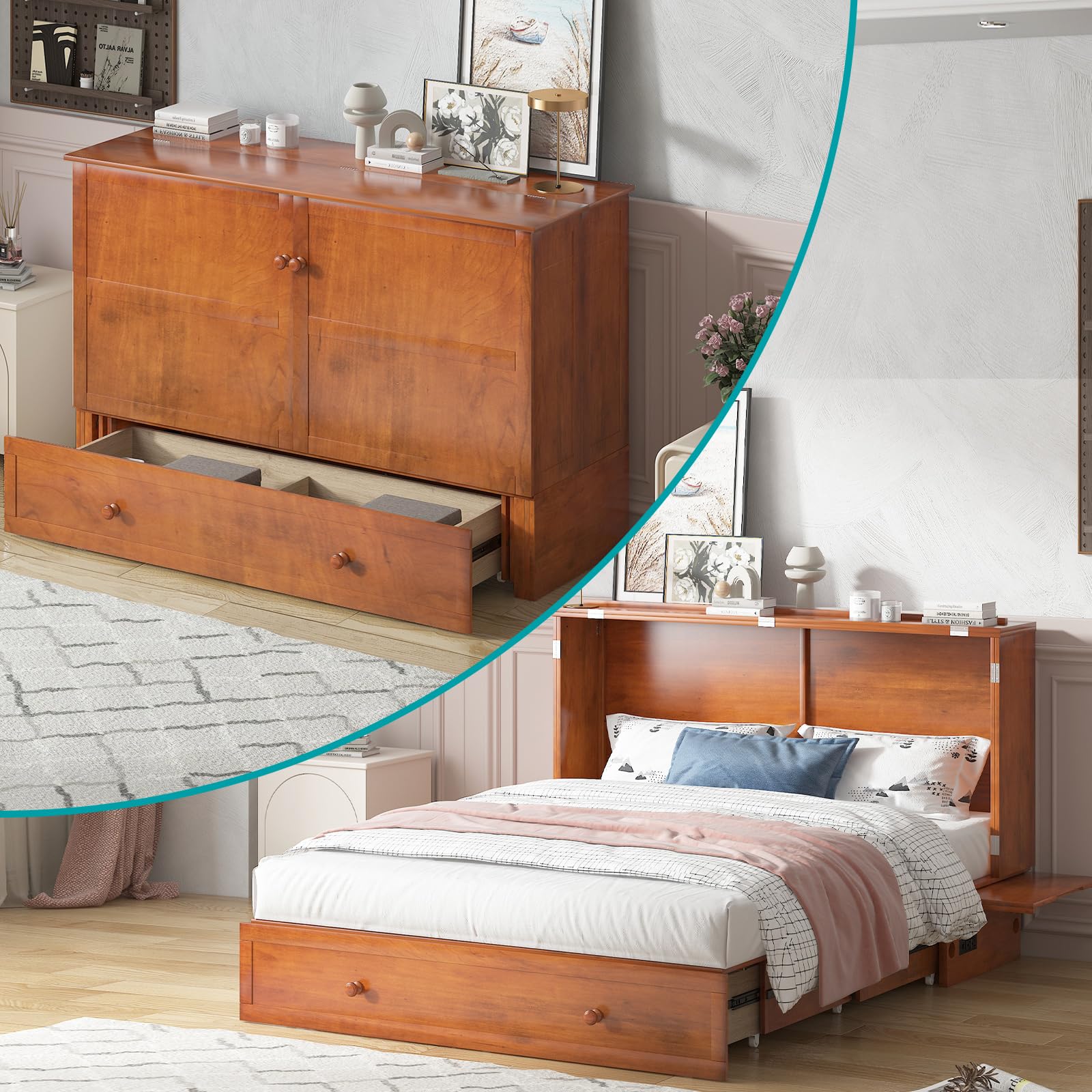 BALUS Murphy Bed Queen with Mattress, Cherry