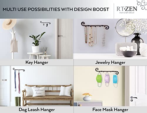 RTZEN Farmhouse Small Key Holder for Wall - Handcrafted Swirl Decorative 5 Key Hooks for Home Entryway - Wrought Iron Black Wall Mount Key Rack Purse Coat and Leash Holder or Organizer (Classic)